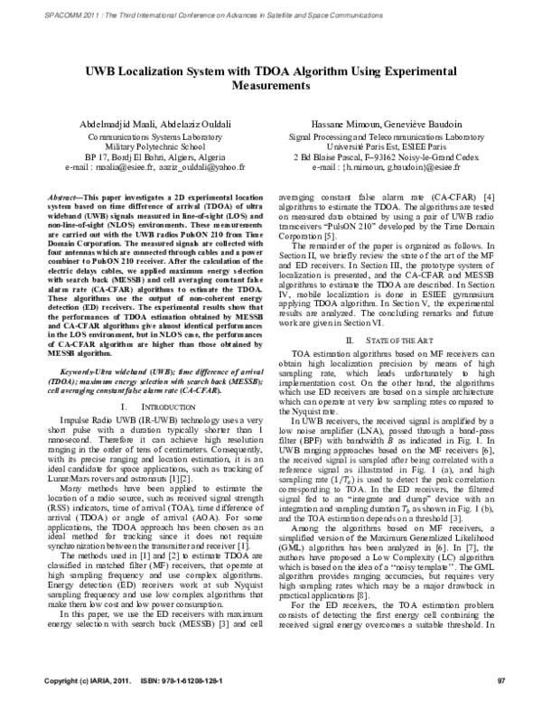 (PDF) UWB Localization System with TDOA Algorithm Using Experimental Measurements