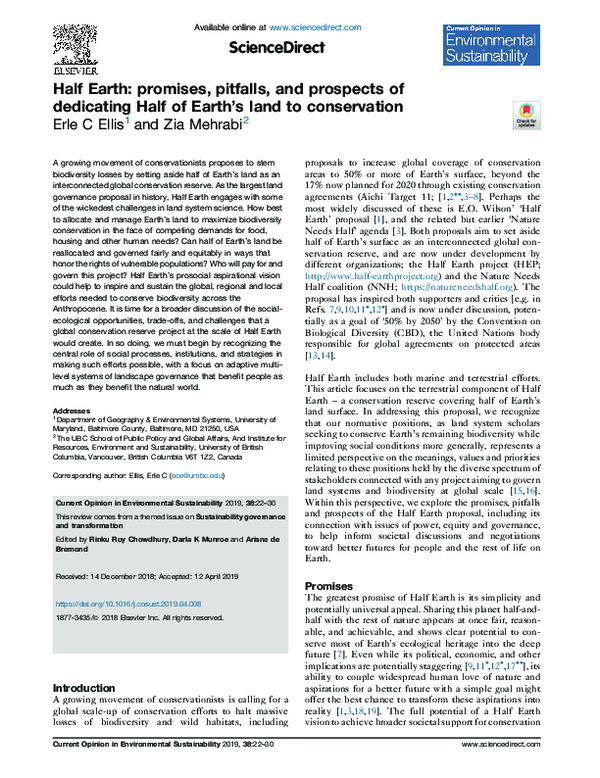 (PDF) Half Earth: promises, pitfalls, and prospects of dedicating Half ...