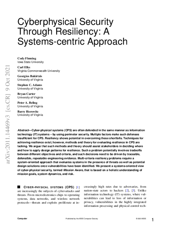 (PDF) Cyberphysical Security Through Resiliency: A Systems-Centric Approach