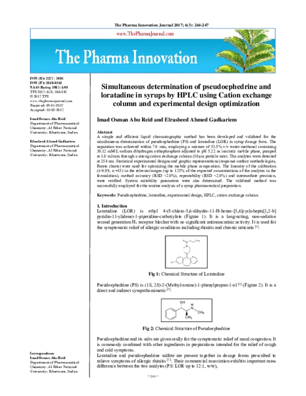 Pdf Simultaneous Determination Of Pseudoephedrine And Loratadine In Syrups By Hplc Using