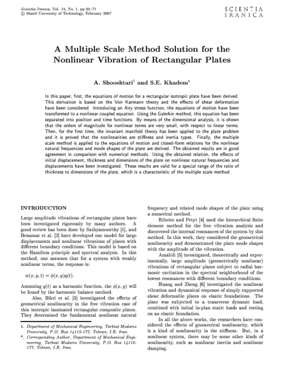 Pdf A Multiple Scale Method Solution For Nonlinear Vibration Of Rectangular Plates