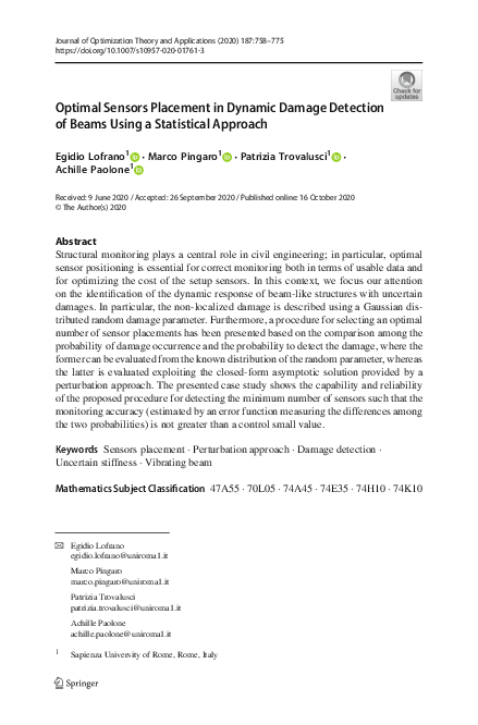 (PDF) Optimal Sensors Placement in Dynamic Damage Detection of Beams Using a Statistical Approach