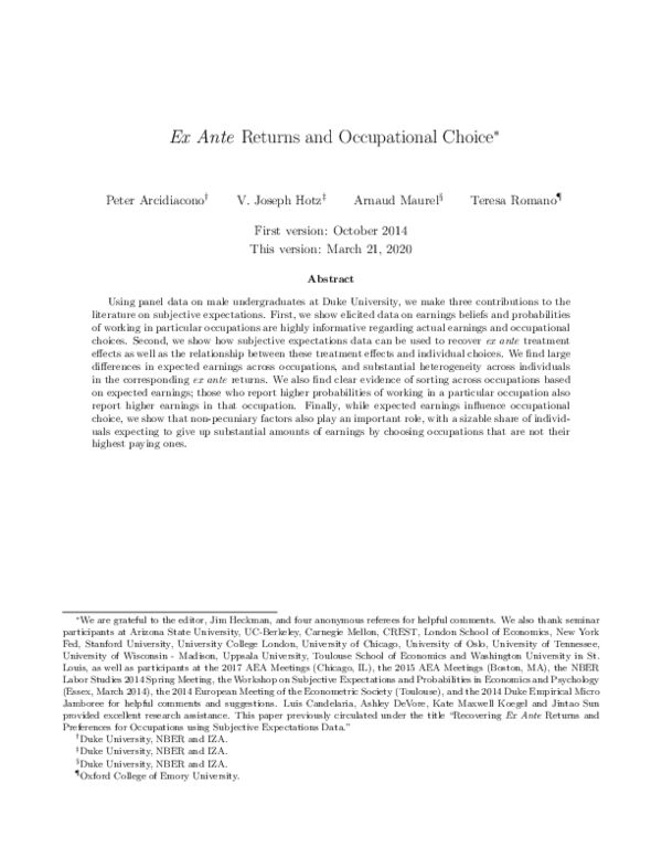 (PDF) Ex Ante Returns and Occupational Choice