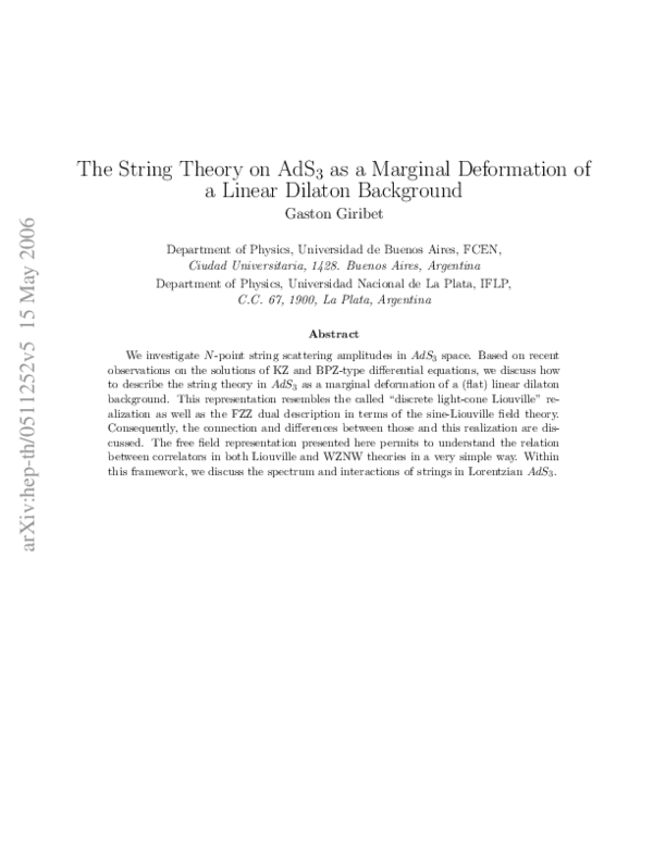 (PDF) The string theory on AdS3 as a marginal deformation of a linear dilaton background,” Nucl
