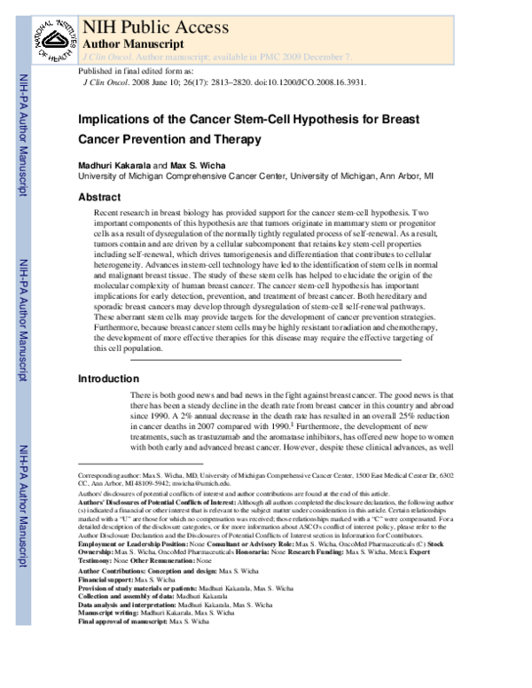 (PDF) Implications of the cancer stem cell hypothesis for the early ...