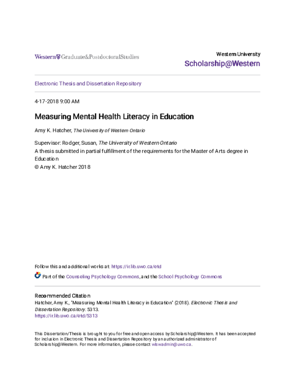(PDF) Measuring Mental Health Literacy in Education | Amy Hatcher ...