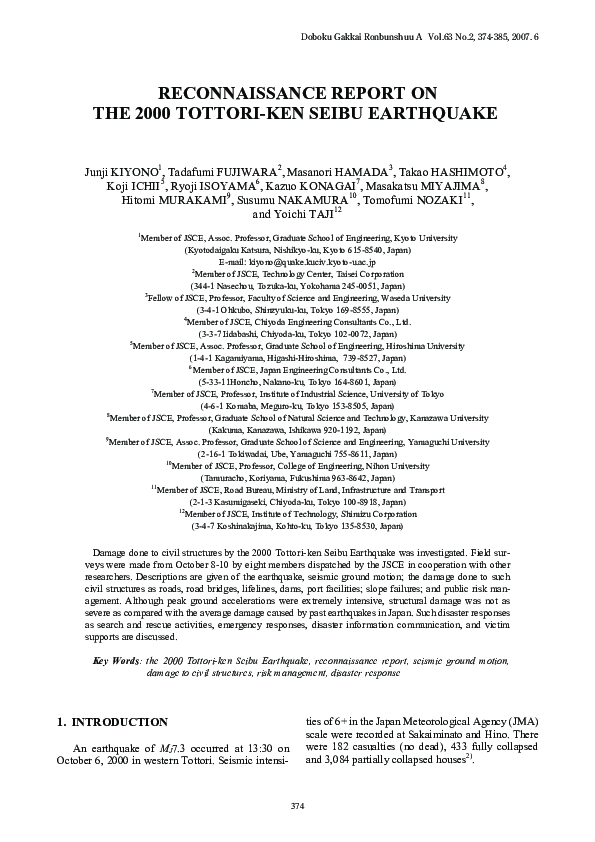 (PDF) Reconnaissance Report on the 2000 Tottori-Ken Seibu Earthquake