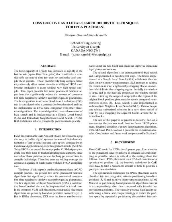 Pdf Constructive And Local Search Heuristic Techniques For Fpga Placement