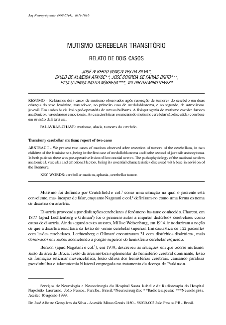 (PDF) Mutismo cerebelar transitório: relato de dois casos