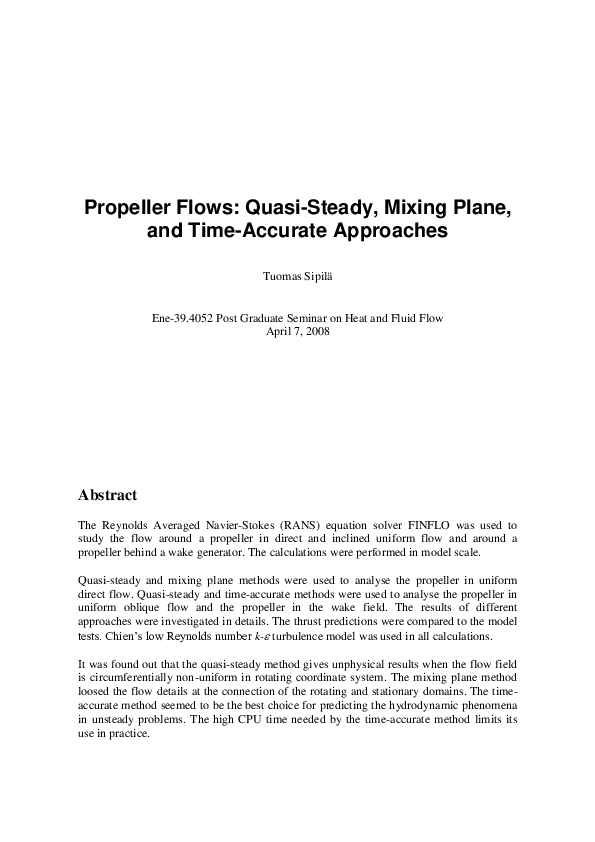 (PDF) Propeller Flows: Quasi-Steady, Mixing Plane, and Time-Accurate ...