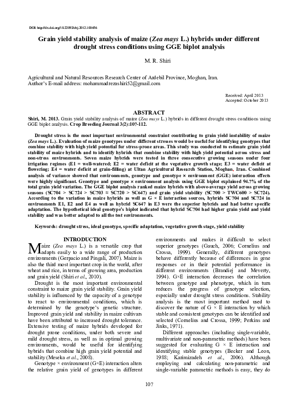 (PDF) Grain Yield Stability Analysis of Maize (Zea Mays L.) Hybrids Under Different Drought ...