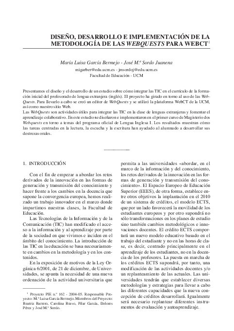 (PDF) Diseño, desarrollo e implementación de la metodología de las WebQuests para WebCT