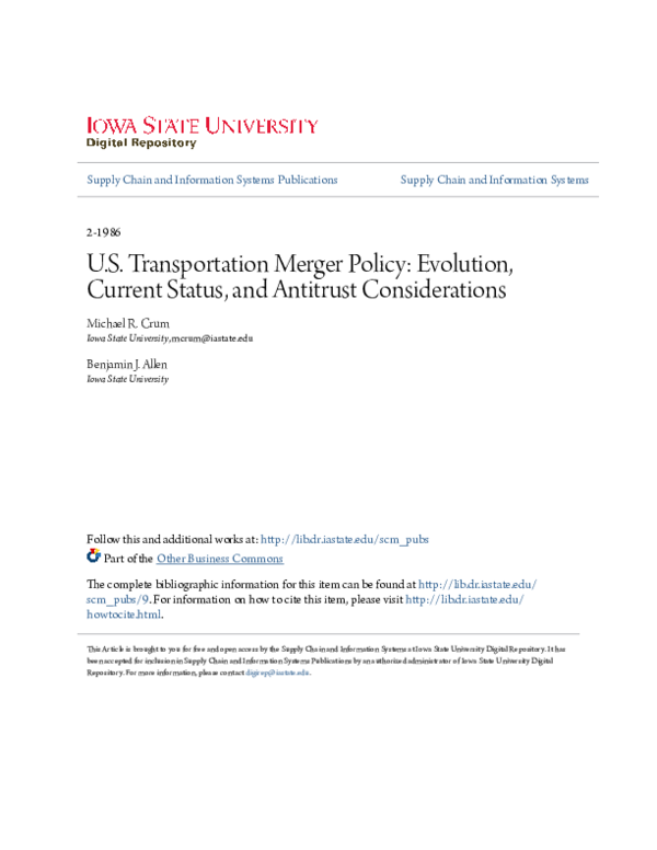 (PDF) U.S. Transportation Merger Policy: Evolution, Current Status, and ...