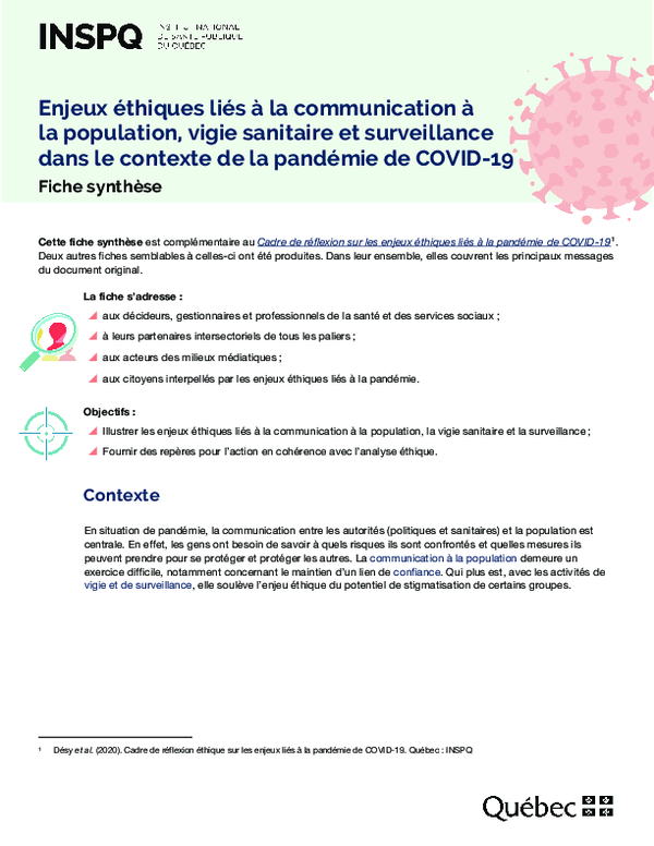 (PDF) Enjeux éthiques liés à la communication à la population, vigie ...