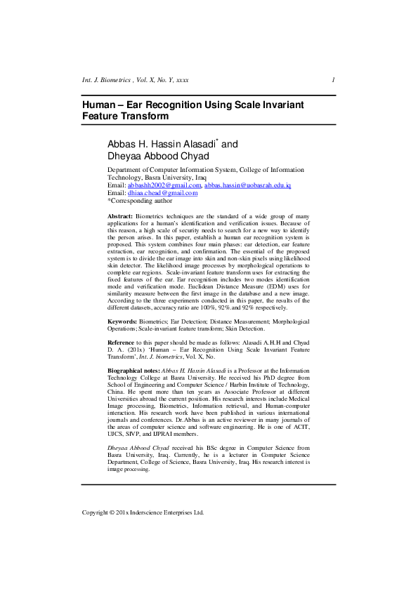 Pdf Human Ear Recognition Using Scale Invariant Feature Transform