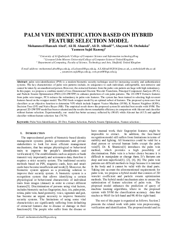 (PDF) Palm Vein Identification based on hybrid features selection model