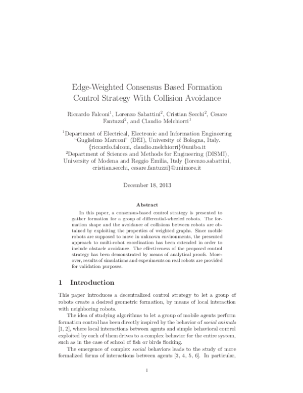 Pdf Edge Weighted Consensus Based Formation Control Strategy With Collision Avoidance