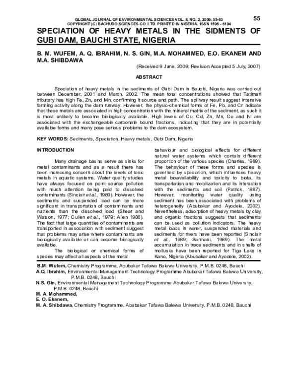 (PDF) Speciation of heavy metals in the sidments of Gubi dam, Bauchi ...