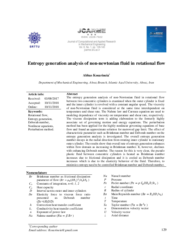 Pdf Entropy Generation Analysis Of Non Newtonian Fluid In Rotational Flow