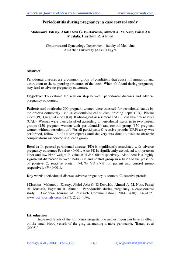 (PDF) Periodontitis during pregnancy: a case control study