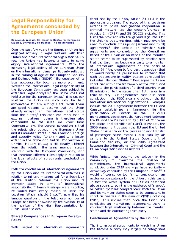 (PDF) Legal Responsibility for Agreements concluded by the European Union