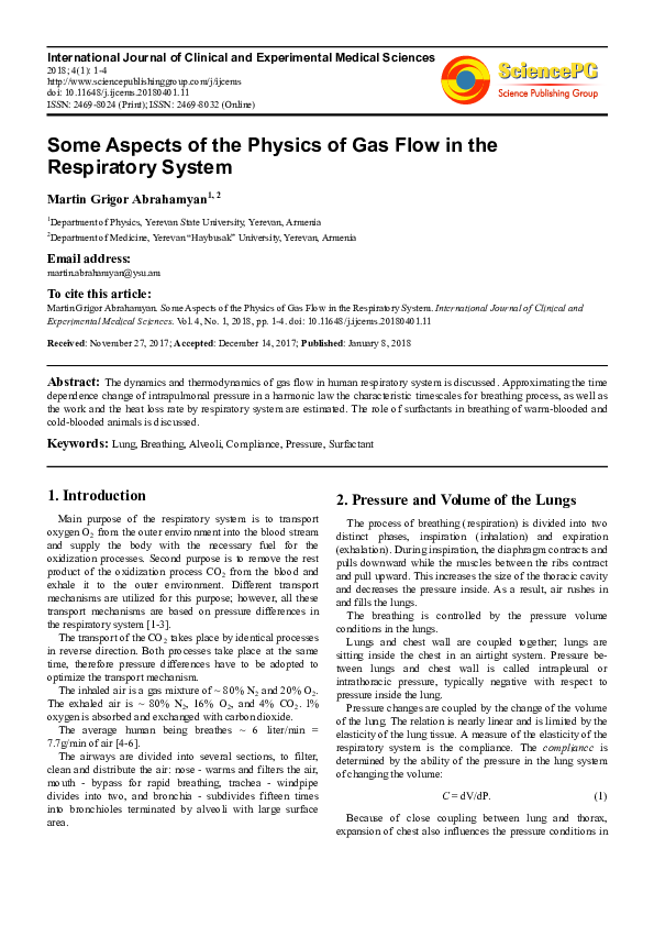 (PDF) Some Aspects of the Physics of Gas Flow in the Respiratory System