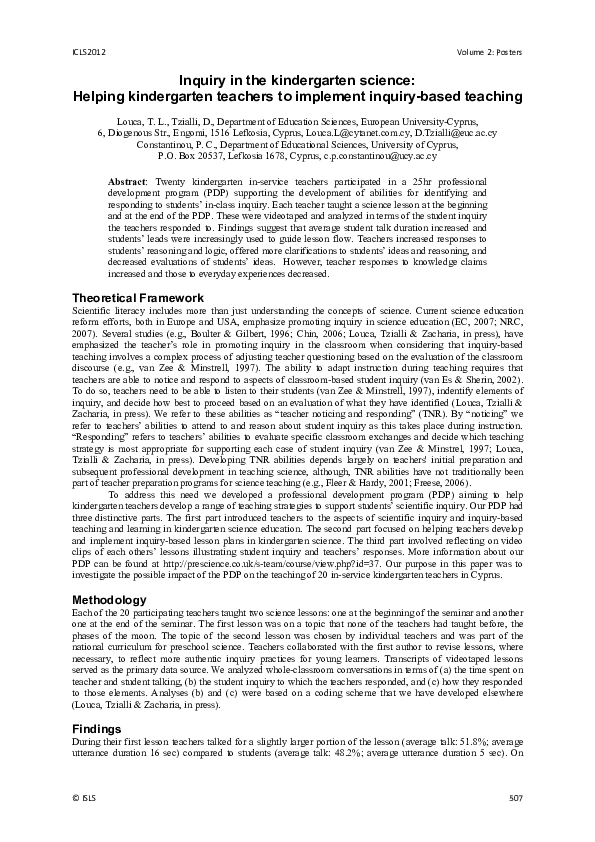 (PDF) Inquiry in the Kindergarten Science: Helping Kindergarten ...