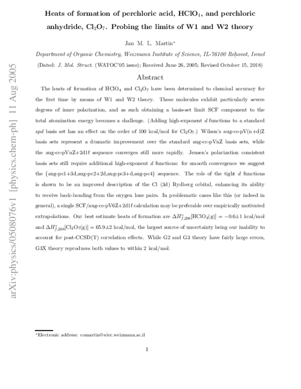 (PDF) Heats of formation of perchloric acid, HClO4, and perchloric anhydride, Cl2O7. Probing the ...
