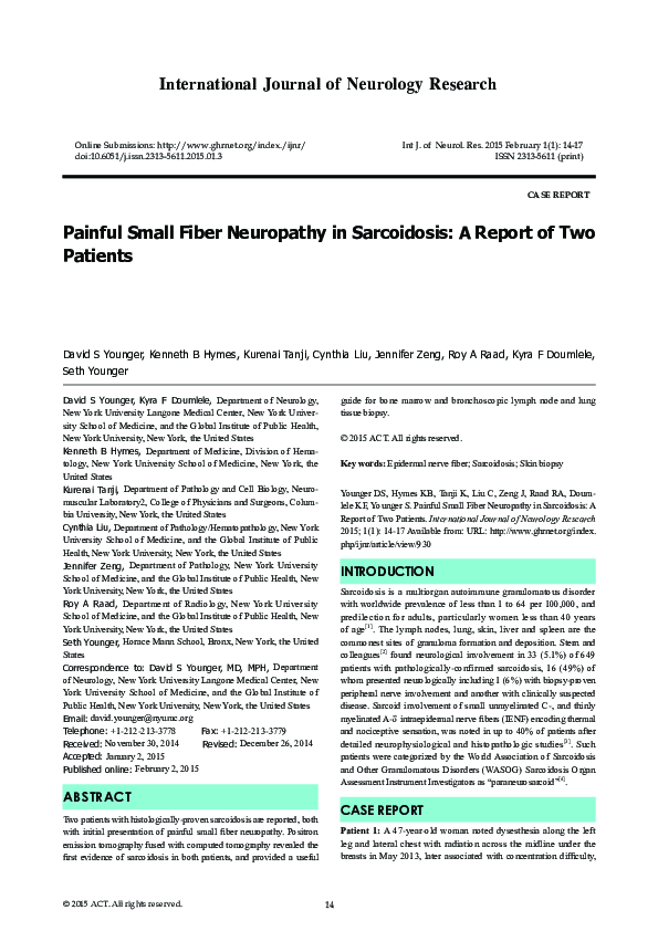 (PDF) Painful Small Fiber Neuropathy in Sarcoidosis: A Report of Two ...
