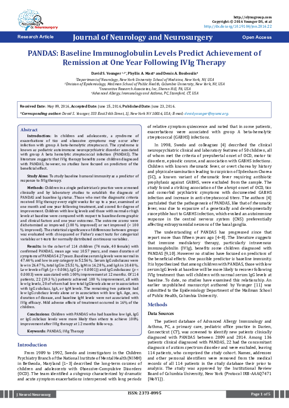 (PDF) PANDAS: Baseline Immunoglobulin Levels Predict Achievement of ...