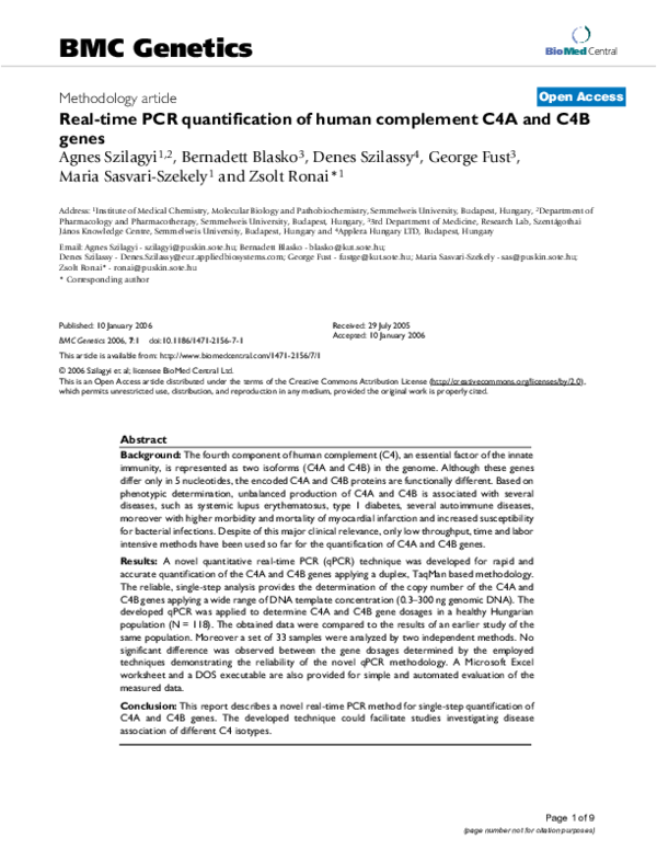 (PDF) Real-time PCR quantification of human complement C4A and C4B genes
