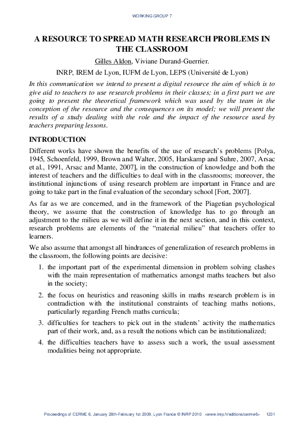 (PDF) A Resource to Spread Math Research Problems in the Classroom