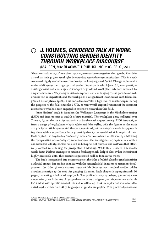 (PDF) J. Holmes, Gendered Talk at Work: Constructing Gender Identity ...