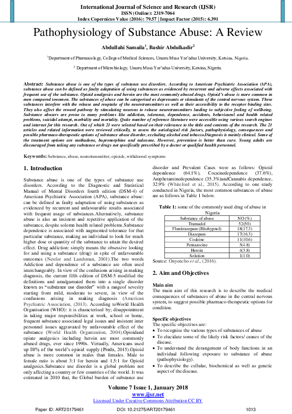(PDF) Pathophysiology of Substance Abuse: A Review