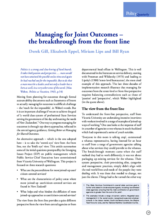 (PDF) Managing for Joint Outcomes - the breakthrough from the front line