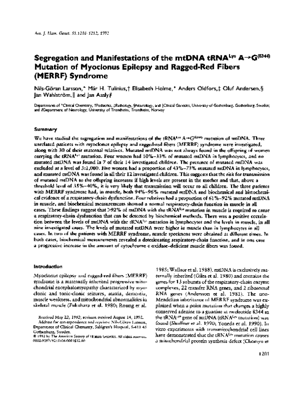 (PDF) Segregation and manifestations of the mtDNA tRNA(Lys) A-->G(8344 ...