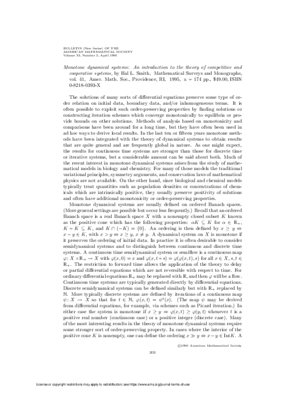 (PDF) Book Review: Monotone dynamical systems: An introduction to the theory of competitive and ...
