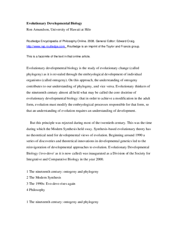 (PDF) Evolutionary Developmental Biology | Ron Amundson - Academia.edu