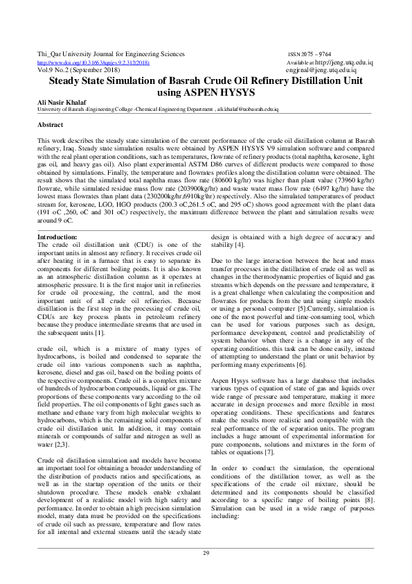 (PDF) Steady State Simulation of Basrah Crude Oil Refinery Distillation Unit using ASPEN HYSYS