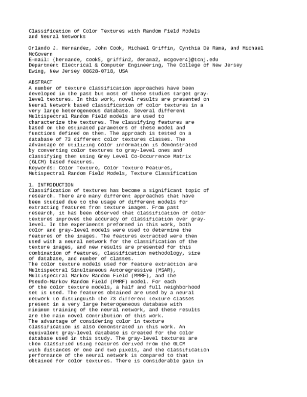 Classification of color textures with random field models and neural networks