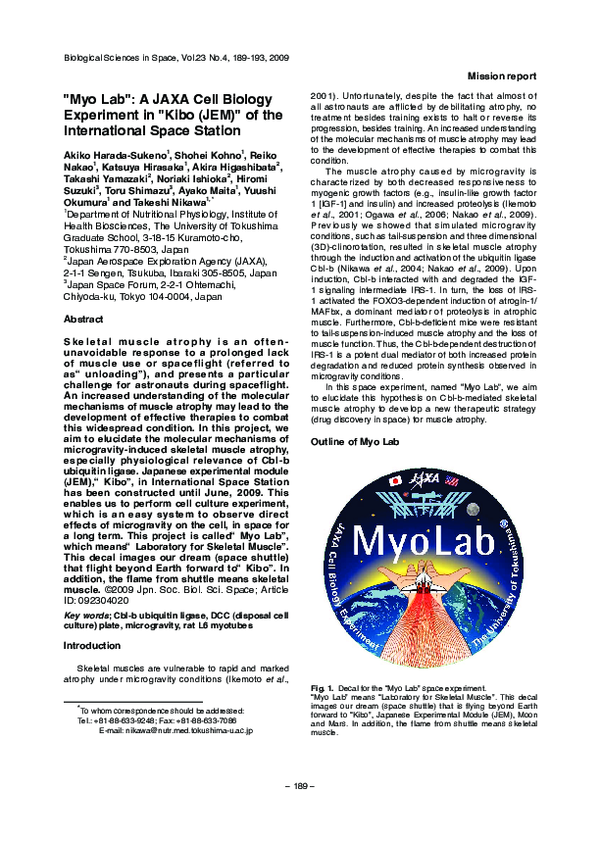 (PDF) Myo Lab": A JAXA Cell Biology Experiment in" Kibo (JEM)" of the ...