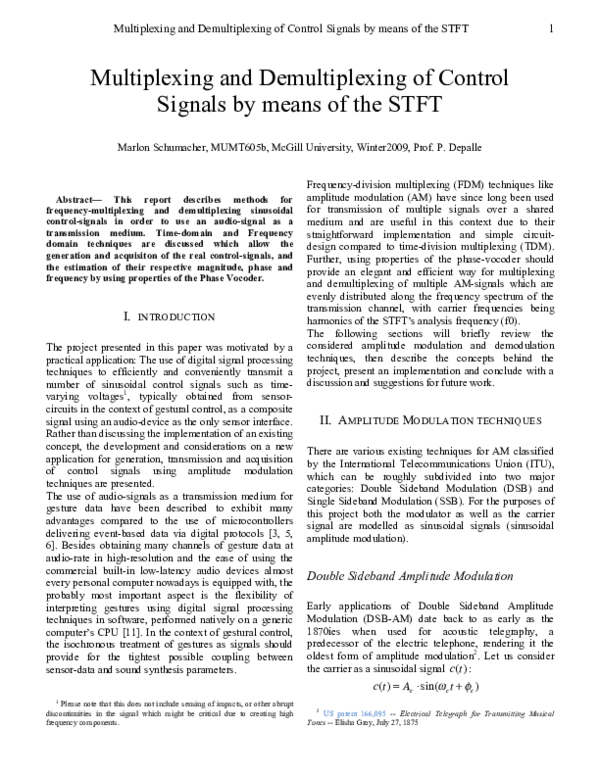 (PDF) Multiplexing and Demultiplexing of Control Signals by means of the STFT 1