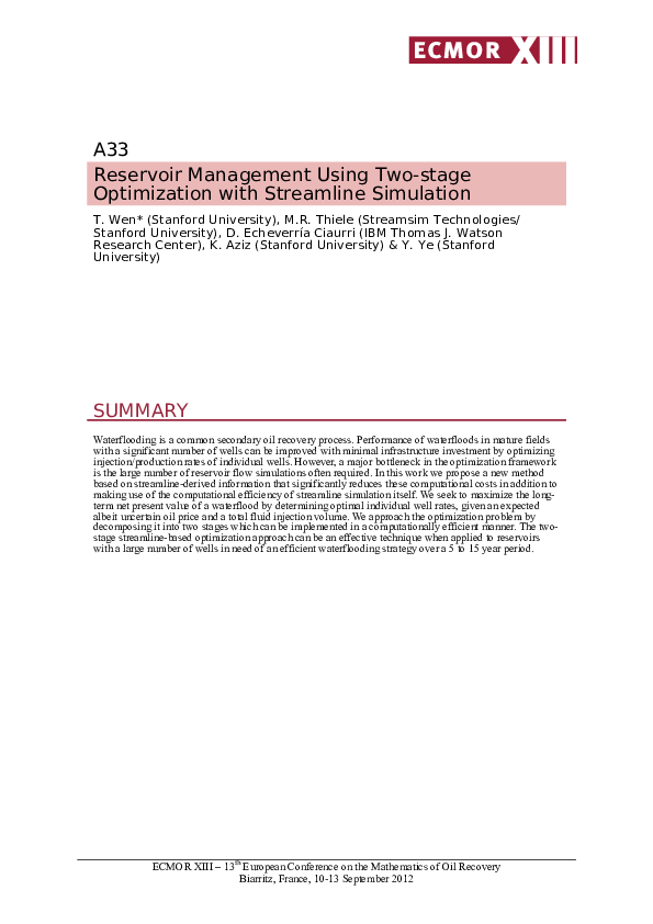 (PDF) Reservoir Management Using Two-Stage Optimization with Streamline ...