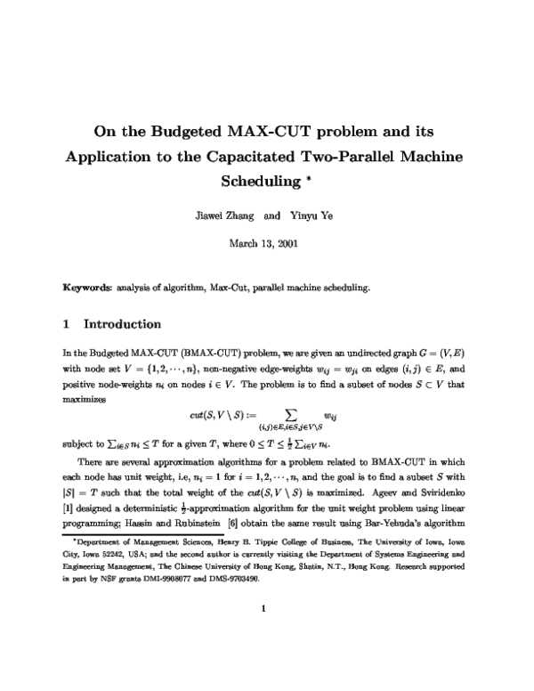 (PDF) On the Budgeted MAX-CUT problem and its Application to the Capacitated Two-Parallel ...