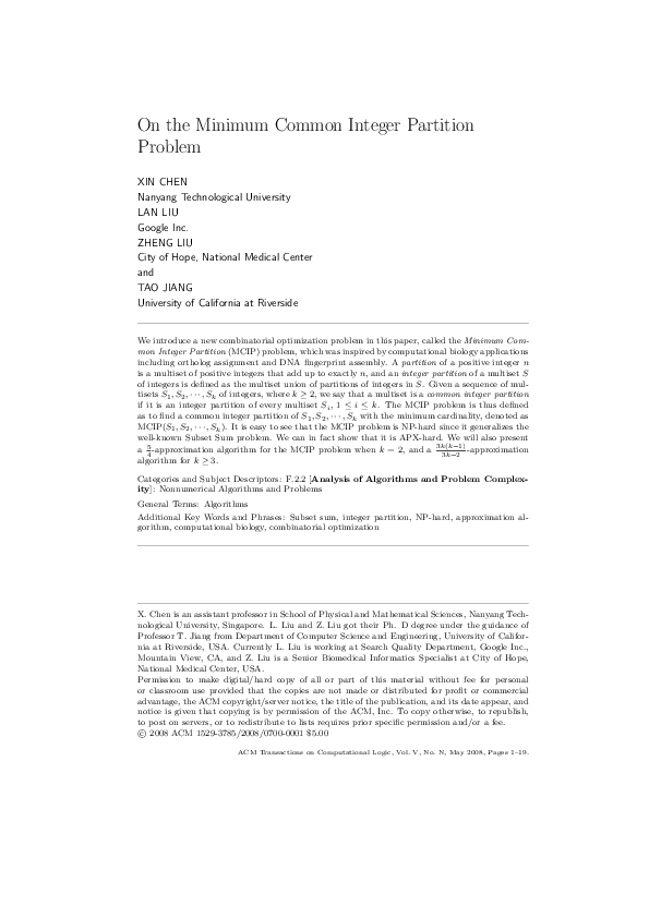Pdf On The Minimum Common Integer Partition Problem Yinyu Ye
