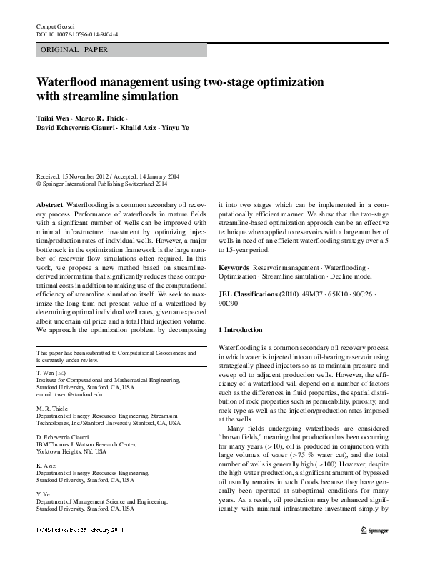 (PDF) Waterflood management using two-stage optimization with streamline simulation