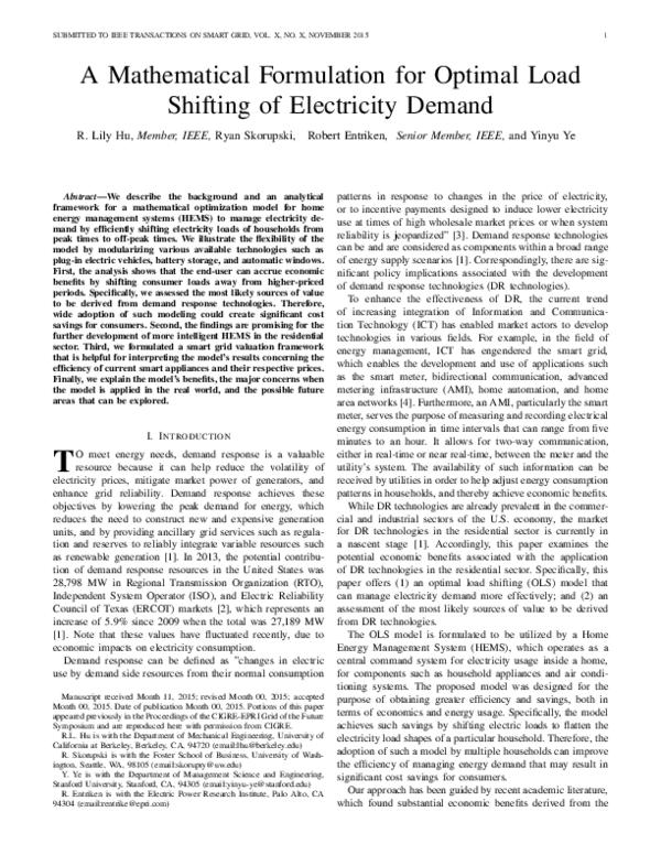 (PDF) A Mathematical Formulation for Optimal Load Shifting of Electricity Demand
