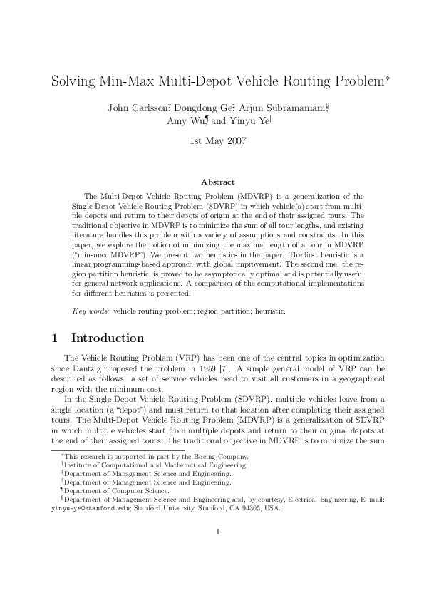 (PDF) Solving min-max multi-depot vehicle routing problem