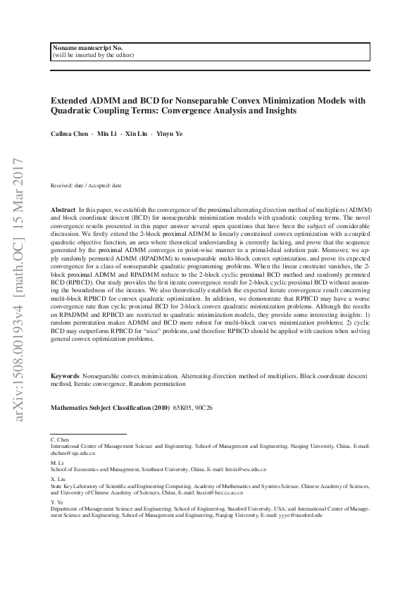 (PDF) Extended ADMM and BCD for nonseparable convex minimization models with quadratic coupling ...