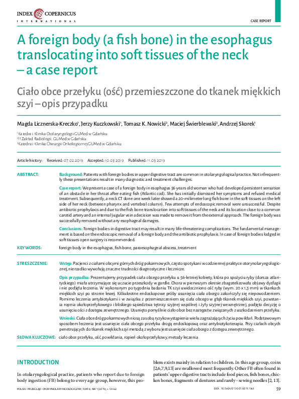 (PDF) A foreign body (a fish bone) in the esophagus translocating into ...